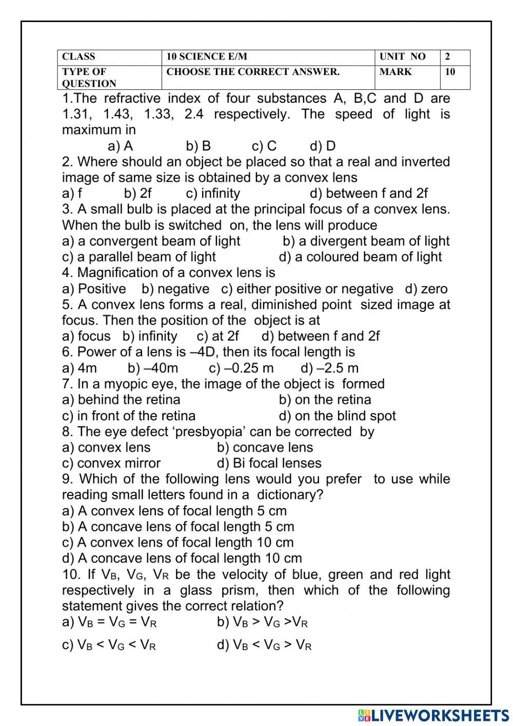 Sslc science em unit.2.optics worksheet | Live Worksheets