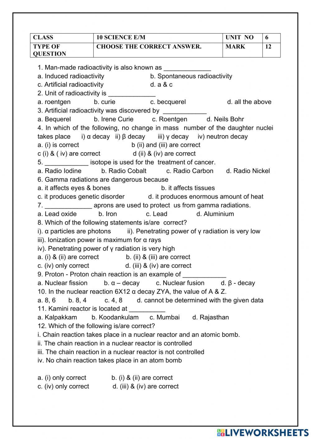 Sslc science (e-m) unit.6.Nuclear Physics worksheet | Live Worksheets