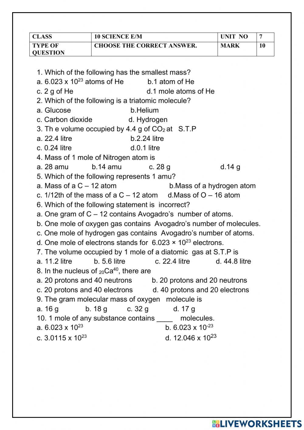 Sslc science (e-m) unit.7.Atoms&Molecules worksheet | Live Worksheets