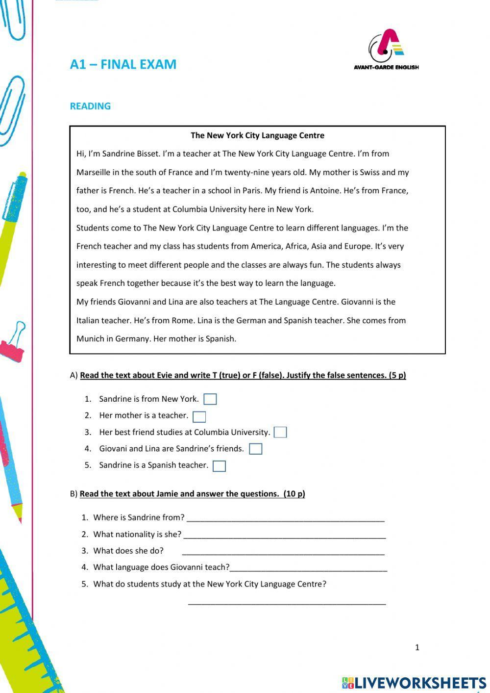 Final exam online exercise for A1 | Live Worksheets