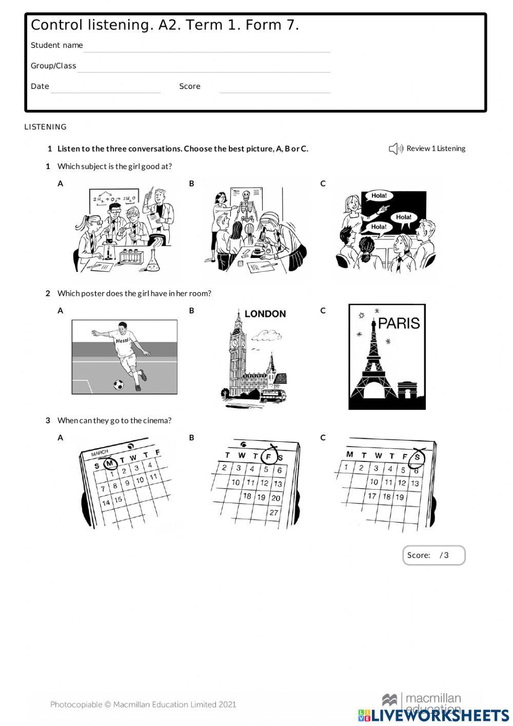 Control Listening. A2. Term 1. Form 7. online exercise for | Live ...