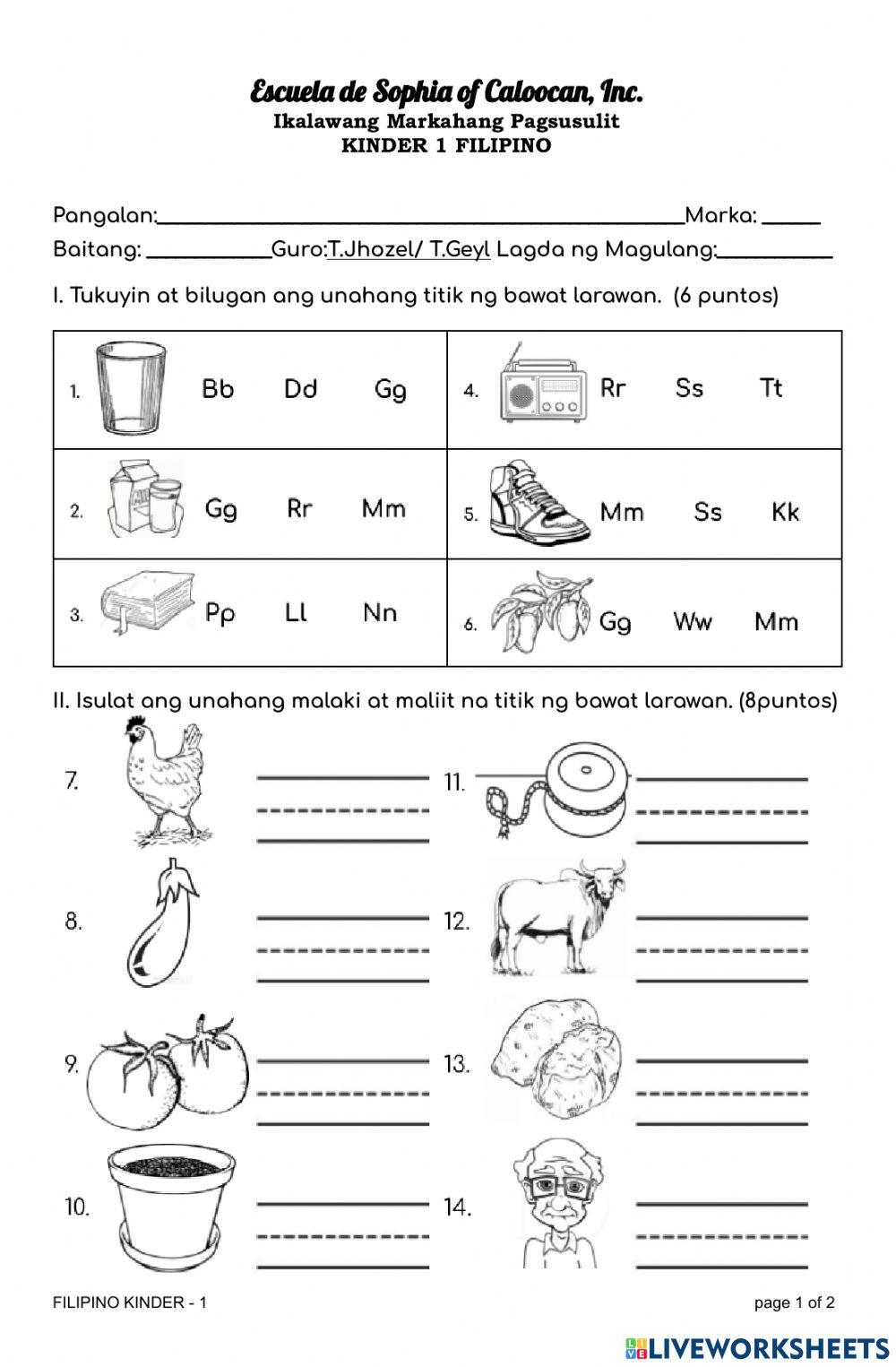 2nd Quarter Examination in Filipino Kinder 1 online exercise for | Live ...