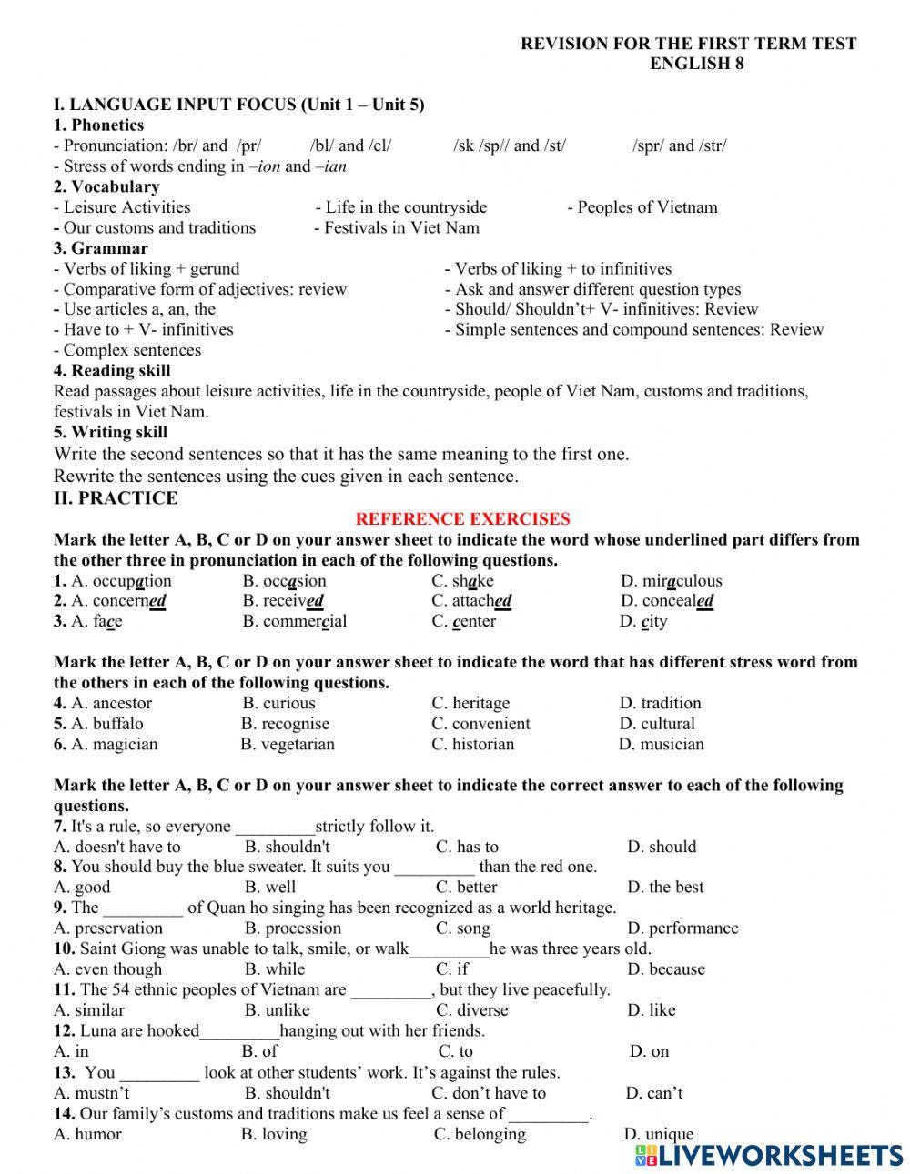 3654871 | GRADE 8 - REVISION FOR THE FIRST TERM TEST | Do