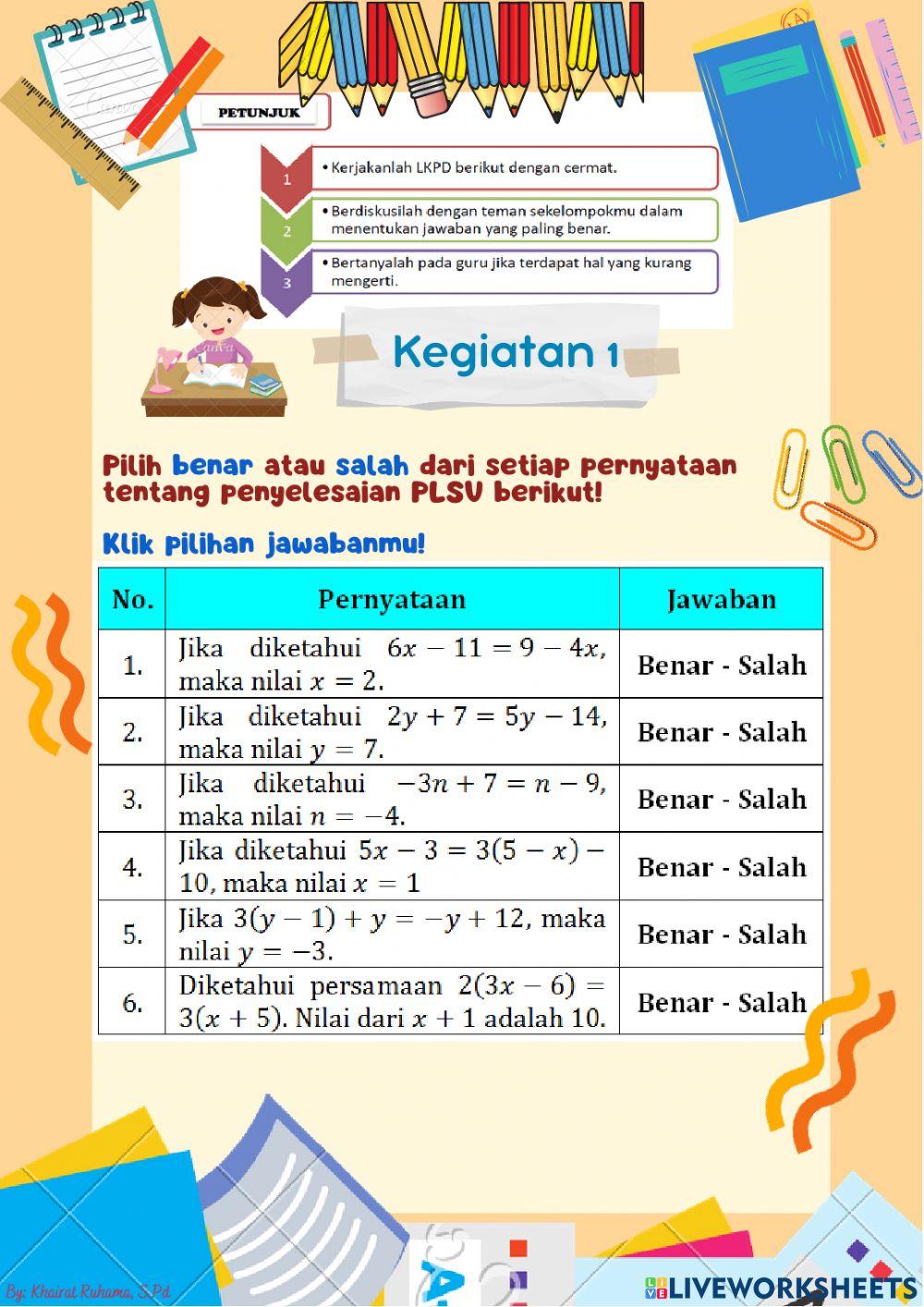 Menyelesaikan PLSV worksheet | Live Worksheets