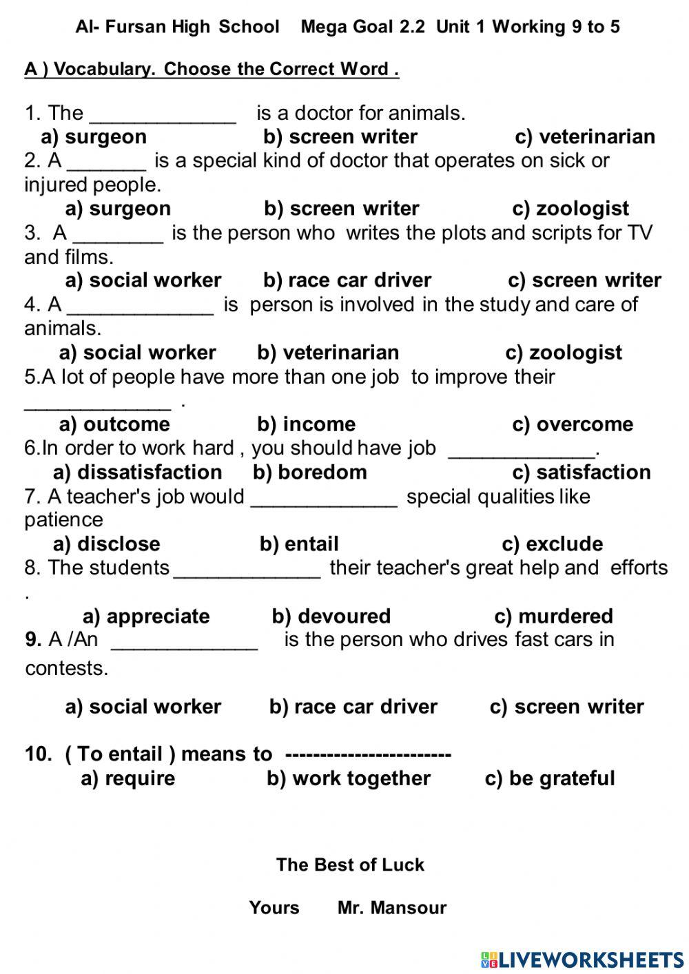 Mega Goal 2.2 U. 1 Vocab 2241432 | Mansouralihassan