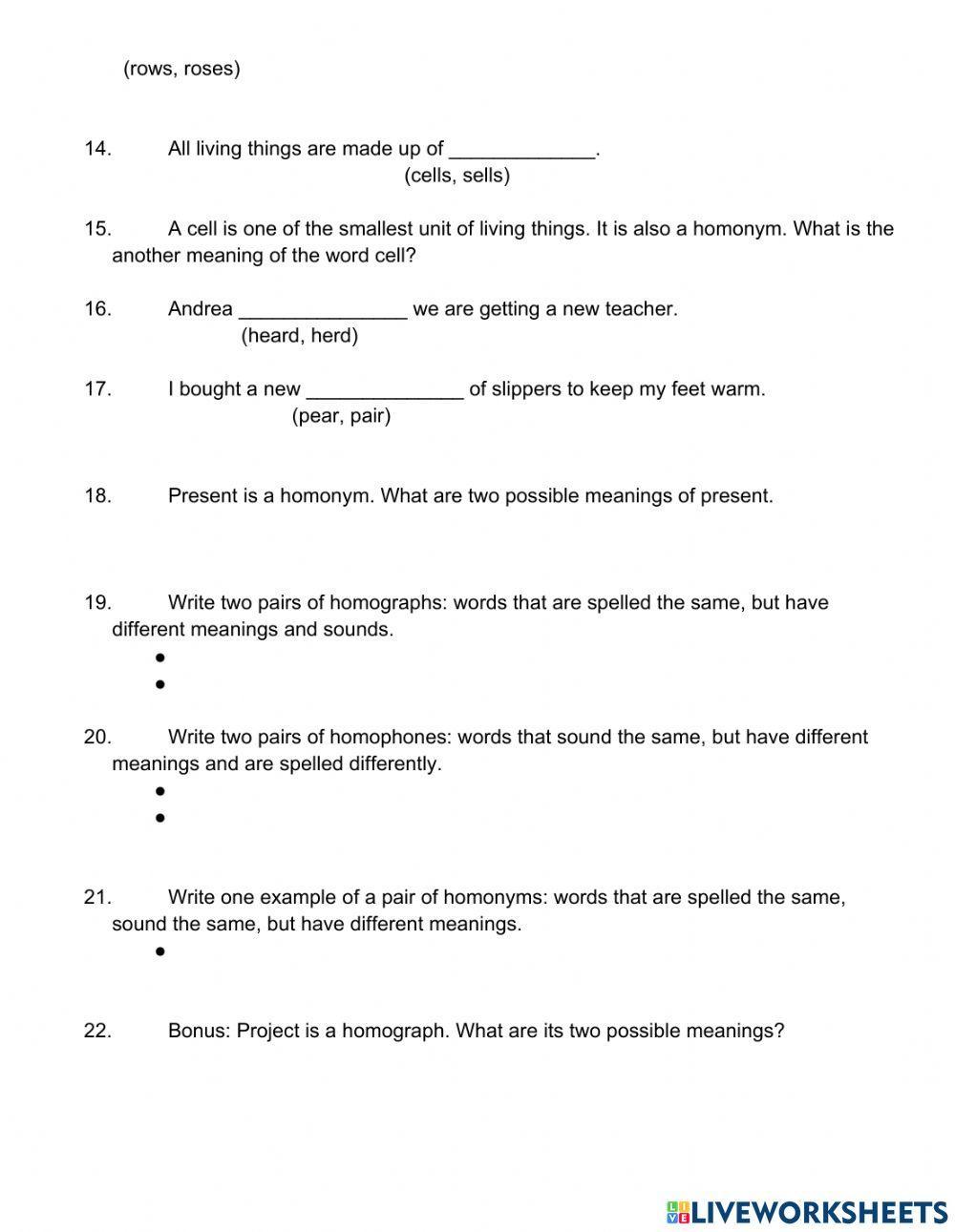 Homonyms, homop… | Free Interactive Worksheets | 2241856