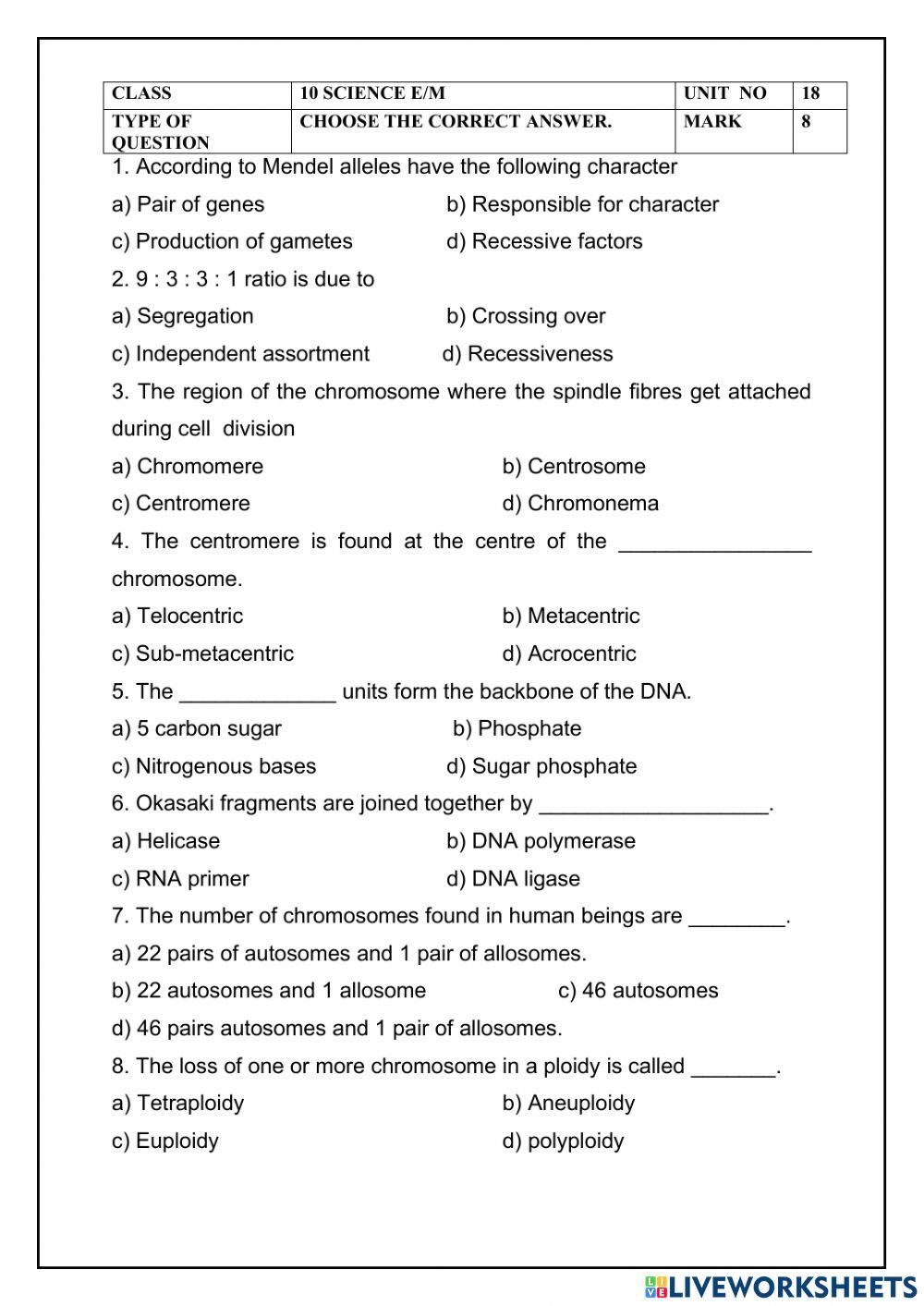 Sslc science (EM) unit.18.Genetics worksheet | Live Worksheets