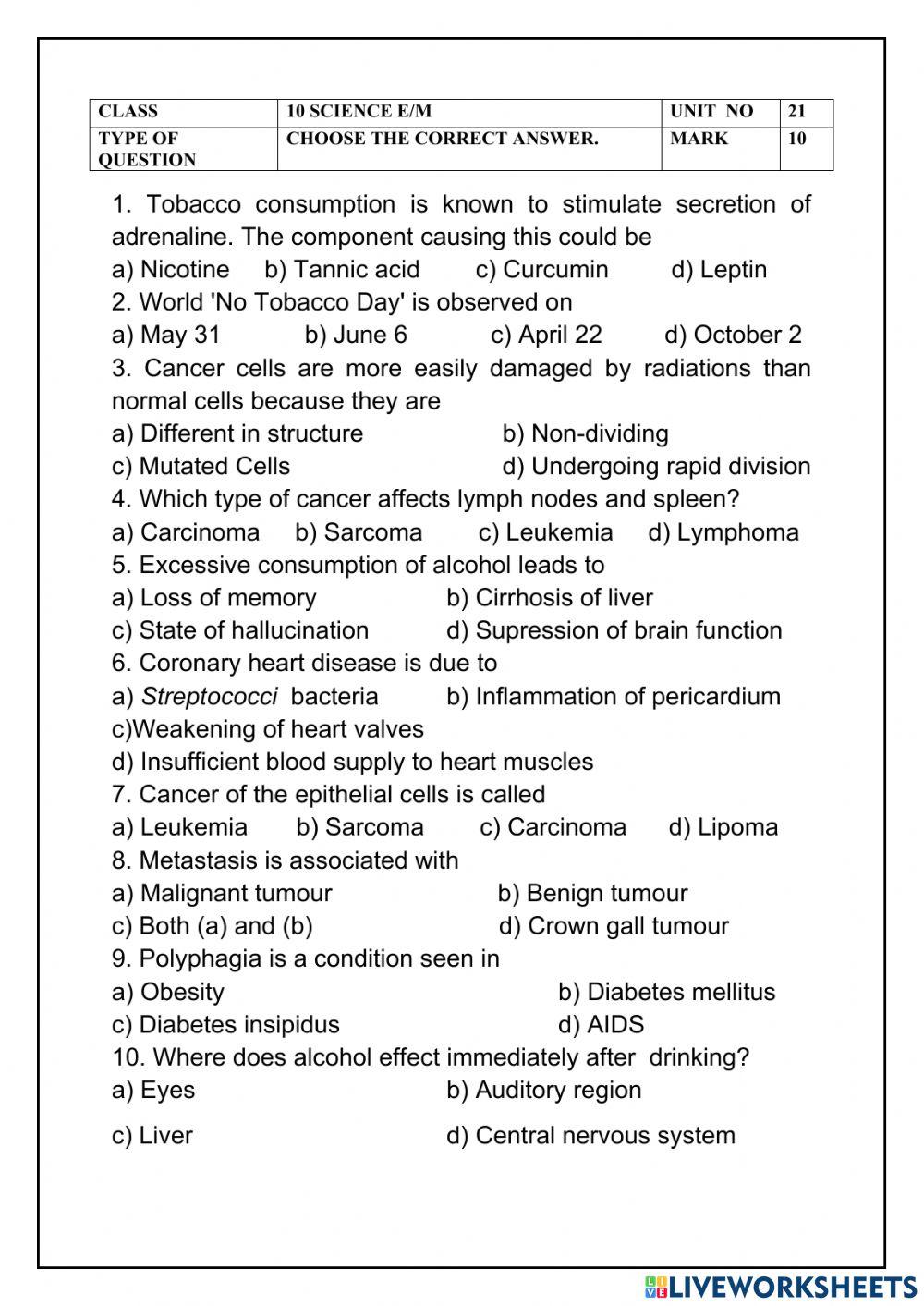 Sslc science em unit.21.health and diseases worksheet | Live Worksheets