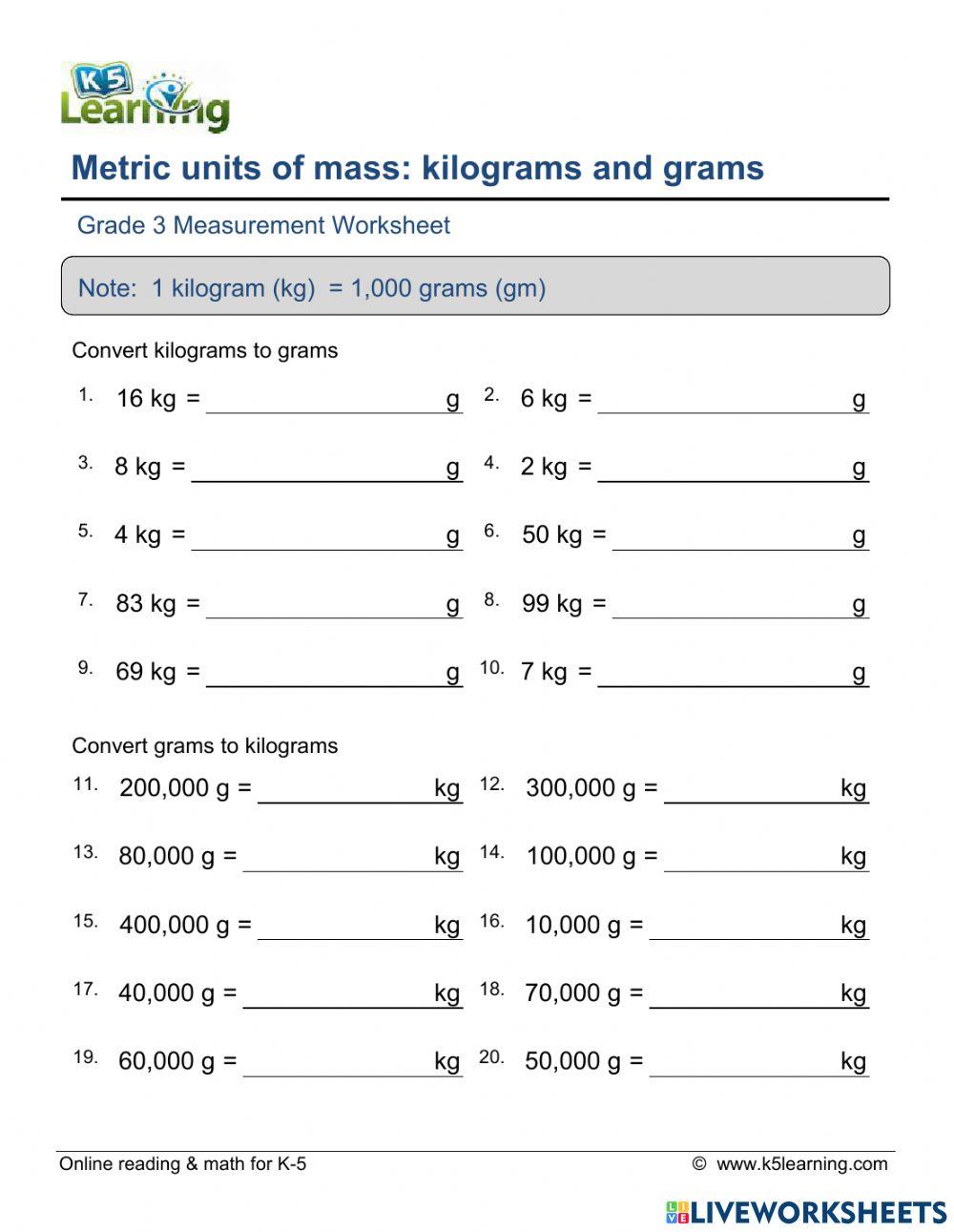 2885554 | Grams to Kilograms Conversion Practice | SARA