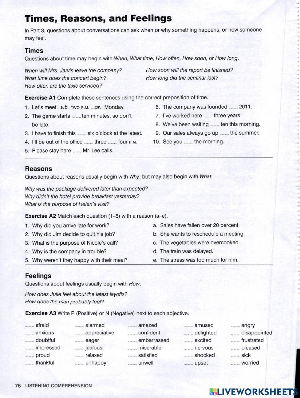 P3 Times Reasons Feelings (p.76) online exercise for | Live Worksheets