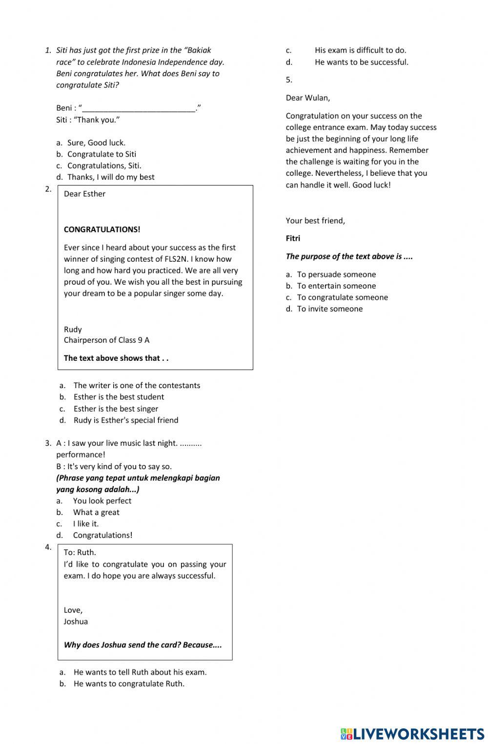Congratulation Test worksheet | Live Worksheets