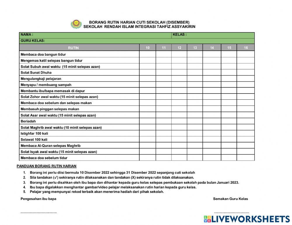 BORANG RUTIN HARIAN PELAJAR 1311