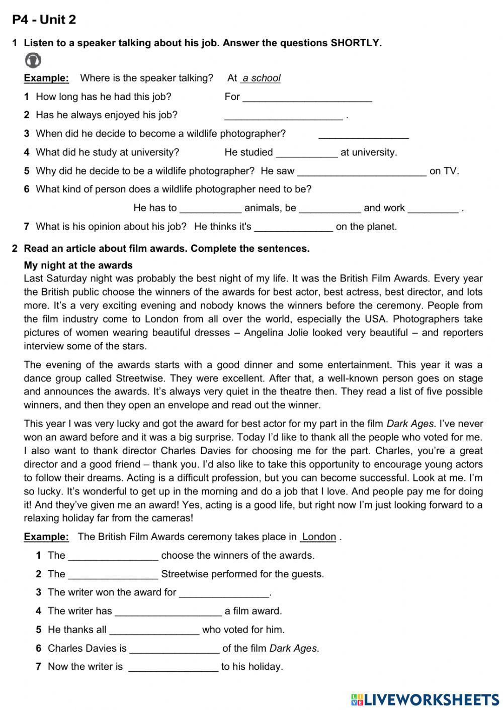 P4-Unit 2 online exercise for | Live Worksheets