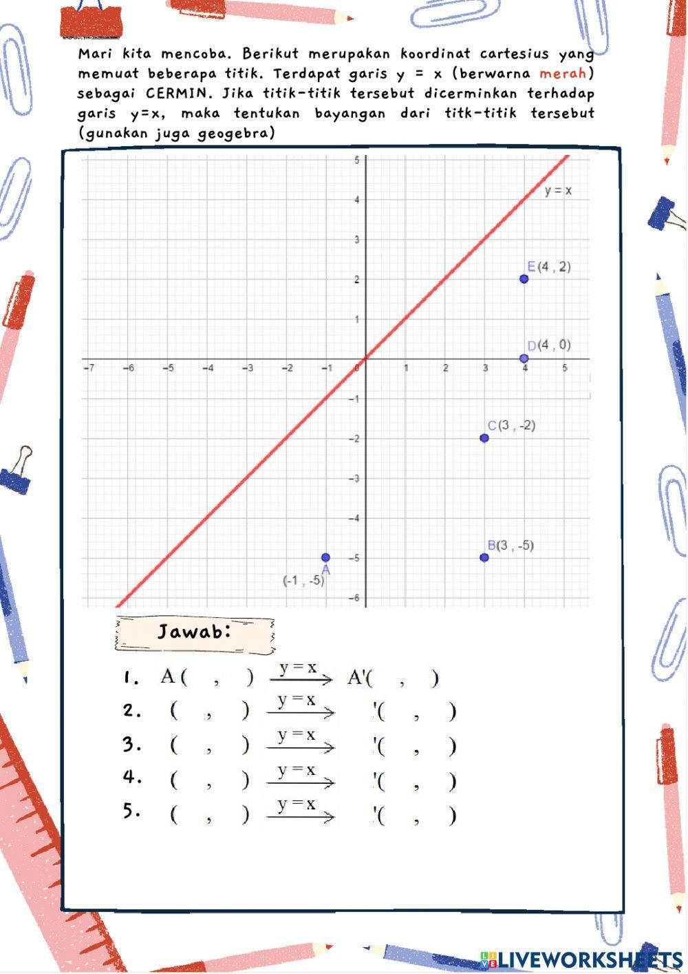 LKPD Refleksi terhadap garis y-x dan y--x worksheet | Live Worksheets