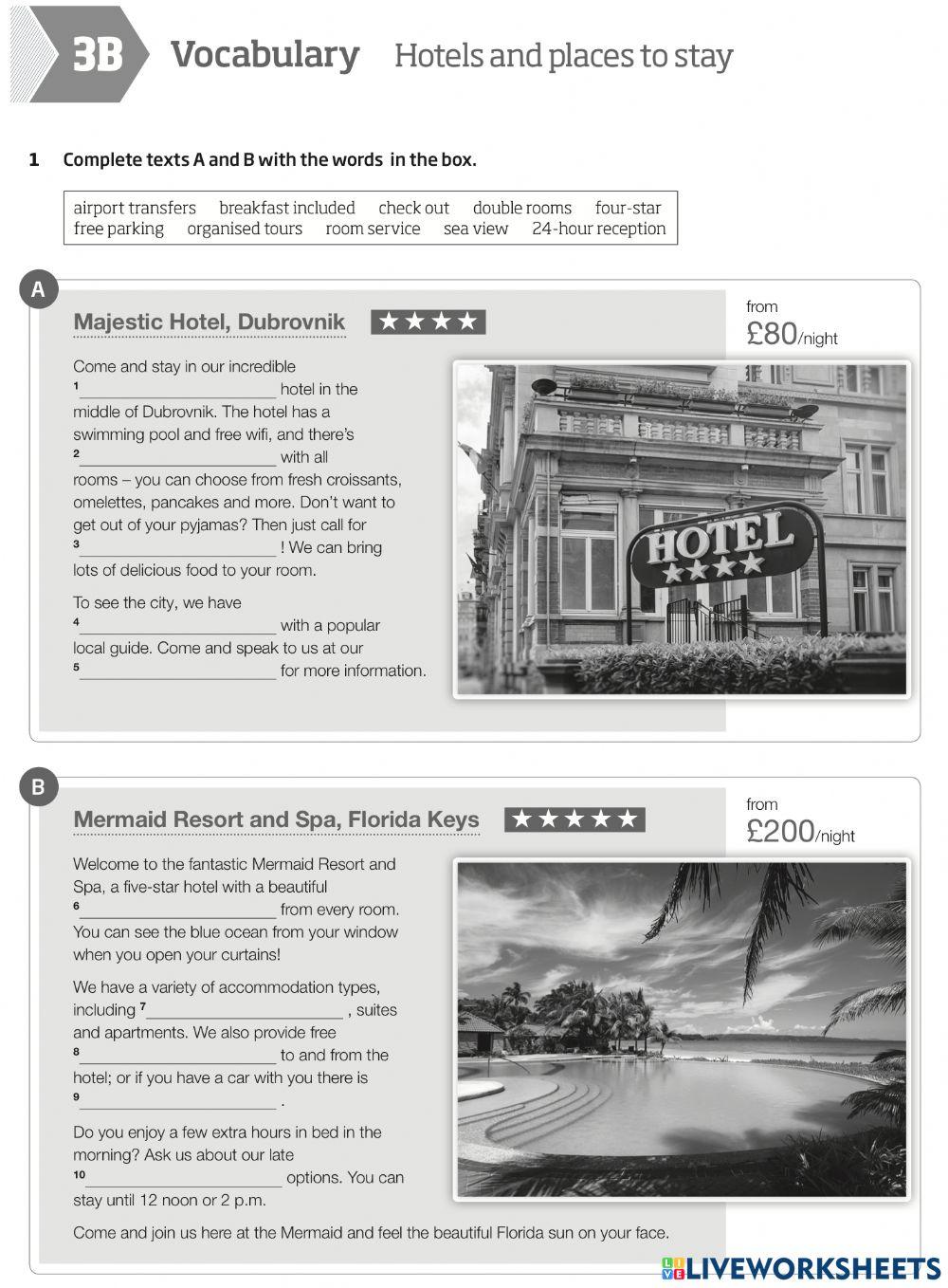 A2.4 3B Vocabulary. Hotels and places to stay online exercise for ...