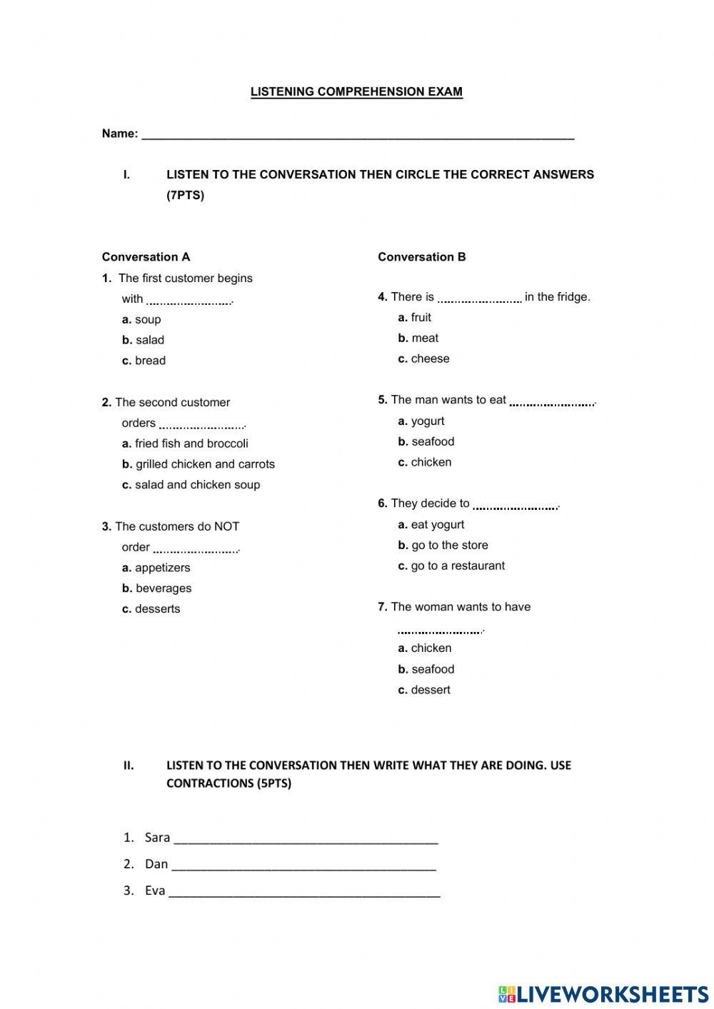 LISTENING EXAM online exercise for | Live Worksheets