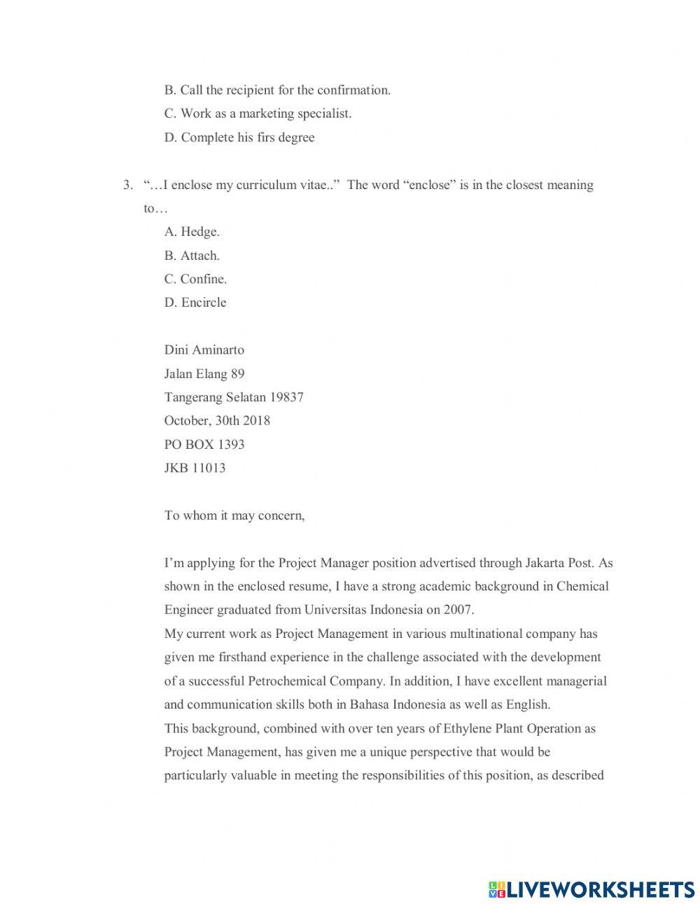 APPLICATION LETTER online exercise for | Live Worksheets