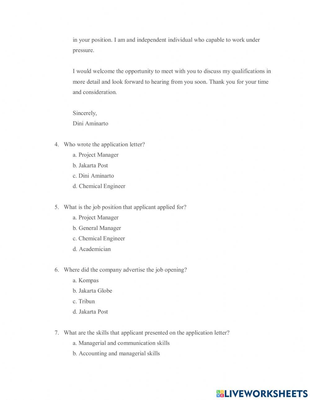 APPLICATION LETTER online exercise for | Live Worksheets