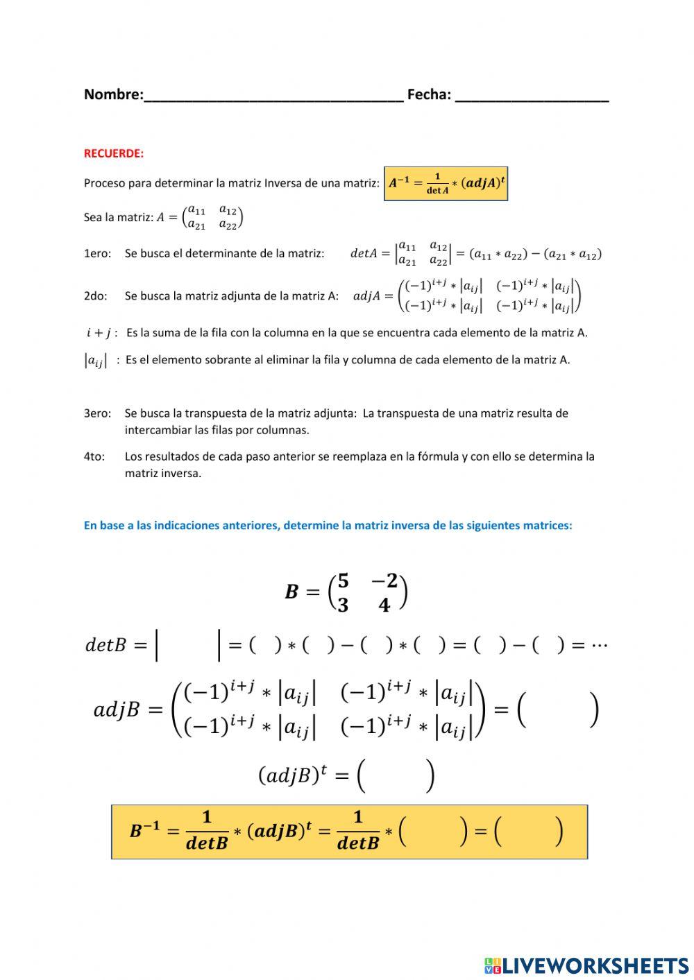 Matriz Inversa 2x2 worksheet | Live Worksheets