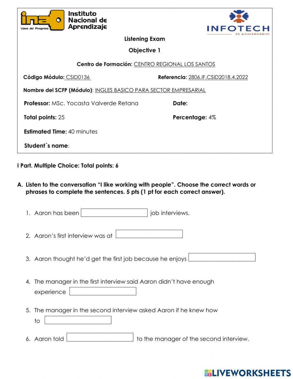 Listening exam exercise for Elementary | Live Worksheets