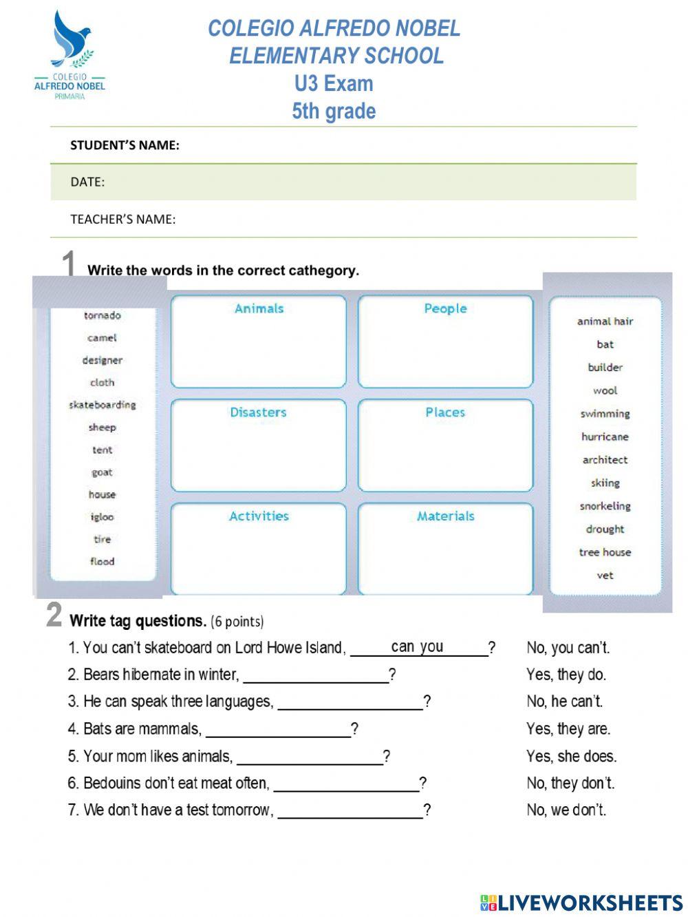 U3 English Exam 5th grade online exercise for | Live Worksheets