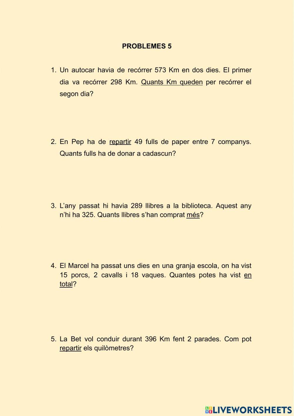 2245144 | Problemes 5 | antonia0604 | LiveWorksheets