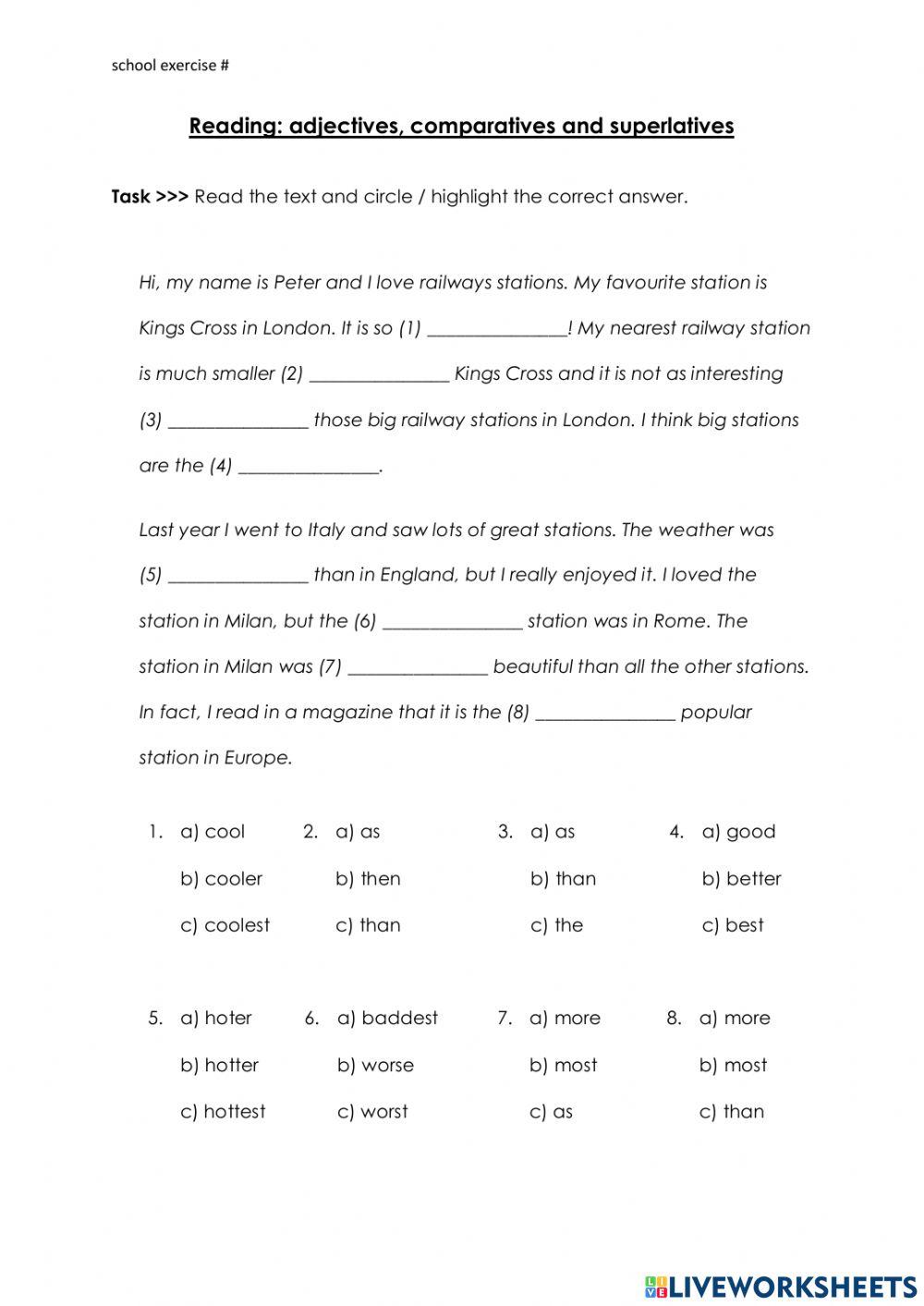 Reading - comparison worksheet | Live Worksheets
