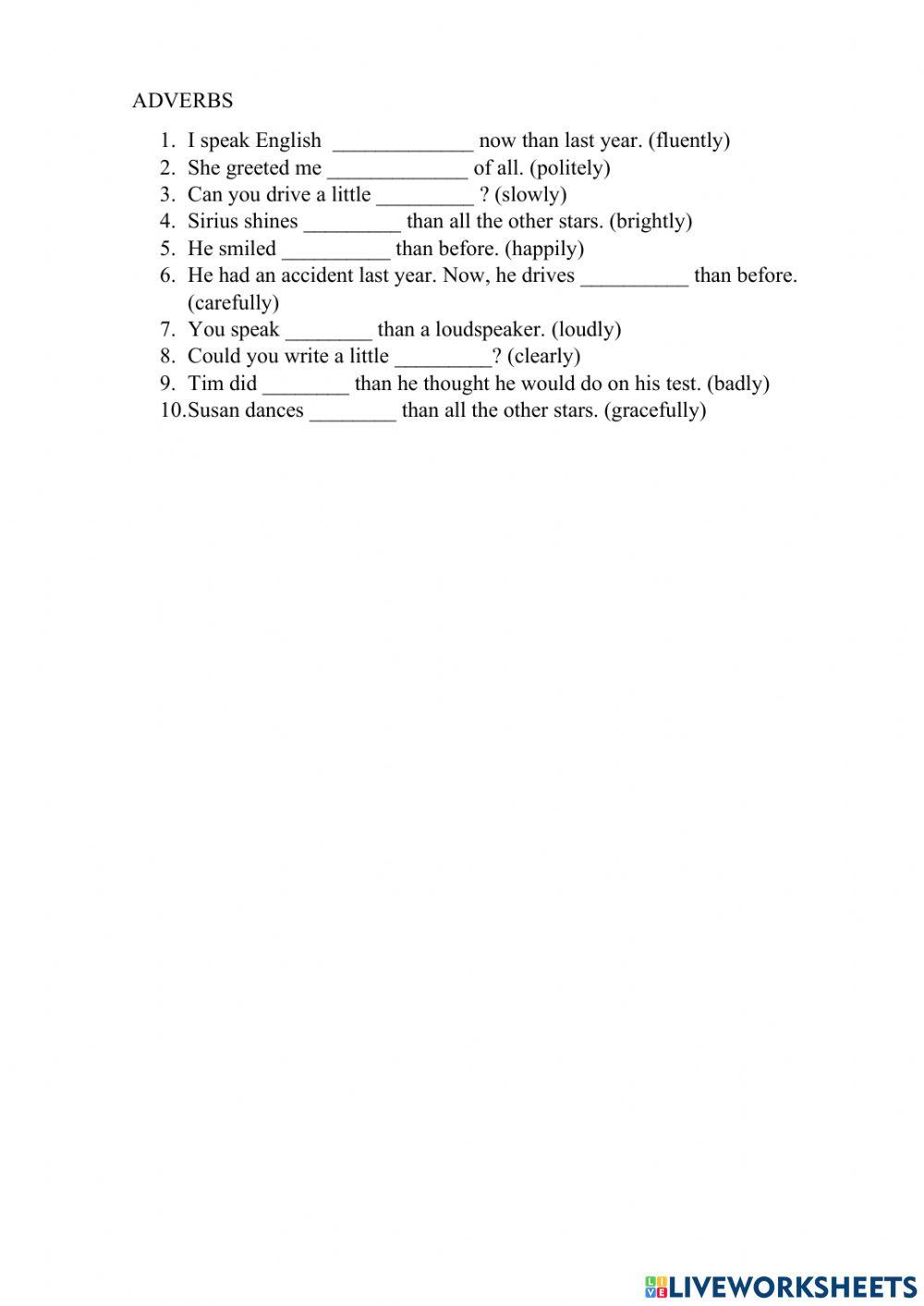 Adverbs online exercise for Pre-intermediate | Live Worksheets