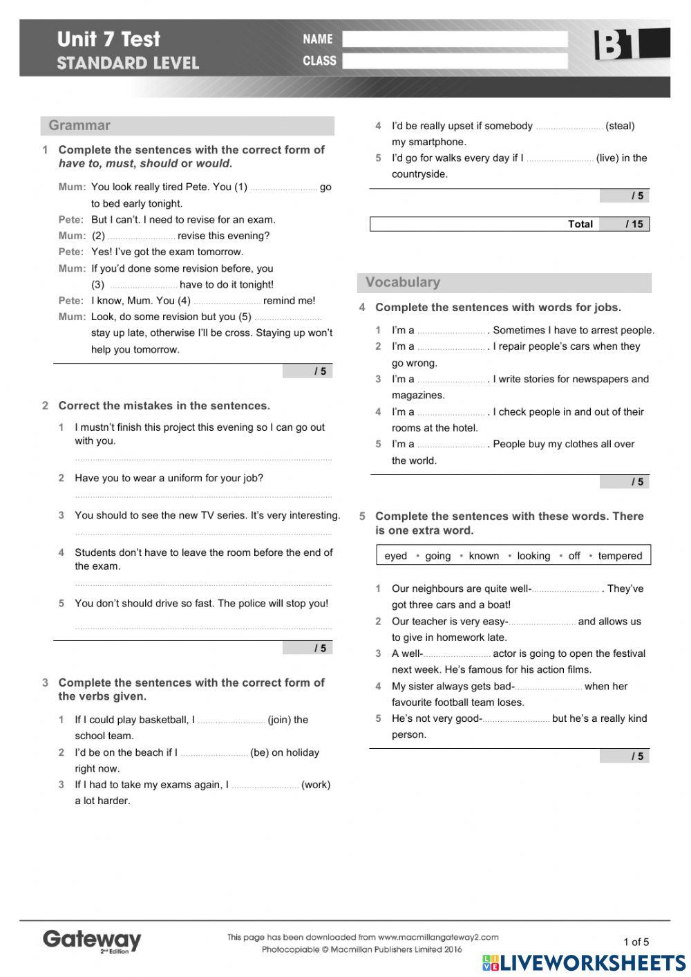 Gateway B1 Unit 7 online exercise for | Live Worksheets