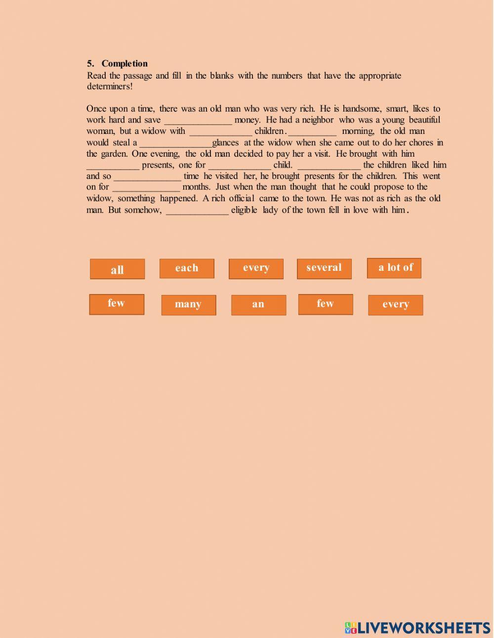 Determiners online exercise for Pre-intermediate | Live Worksheets