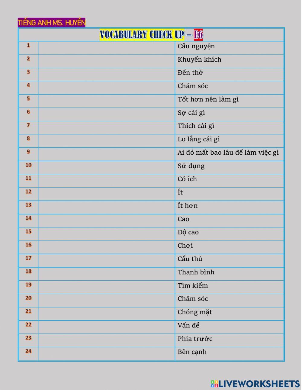 E6. vocabulary check up worksheet | Live Worksheets