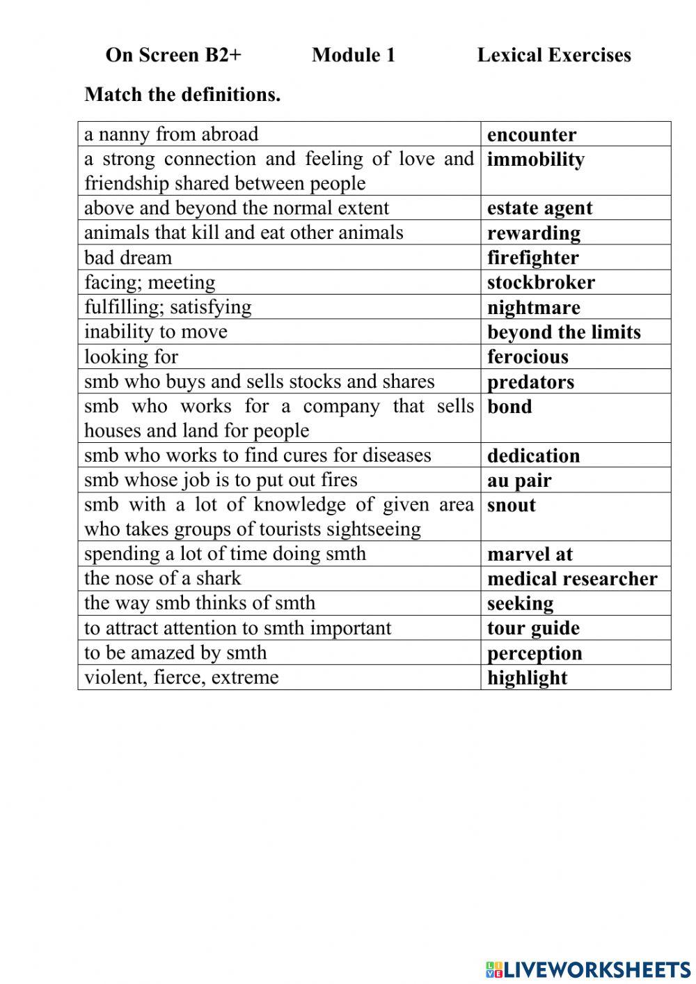 On Screen B2+ Module 1 Definitions worksheet | Live Worksheets