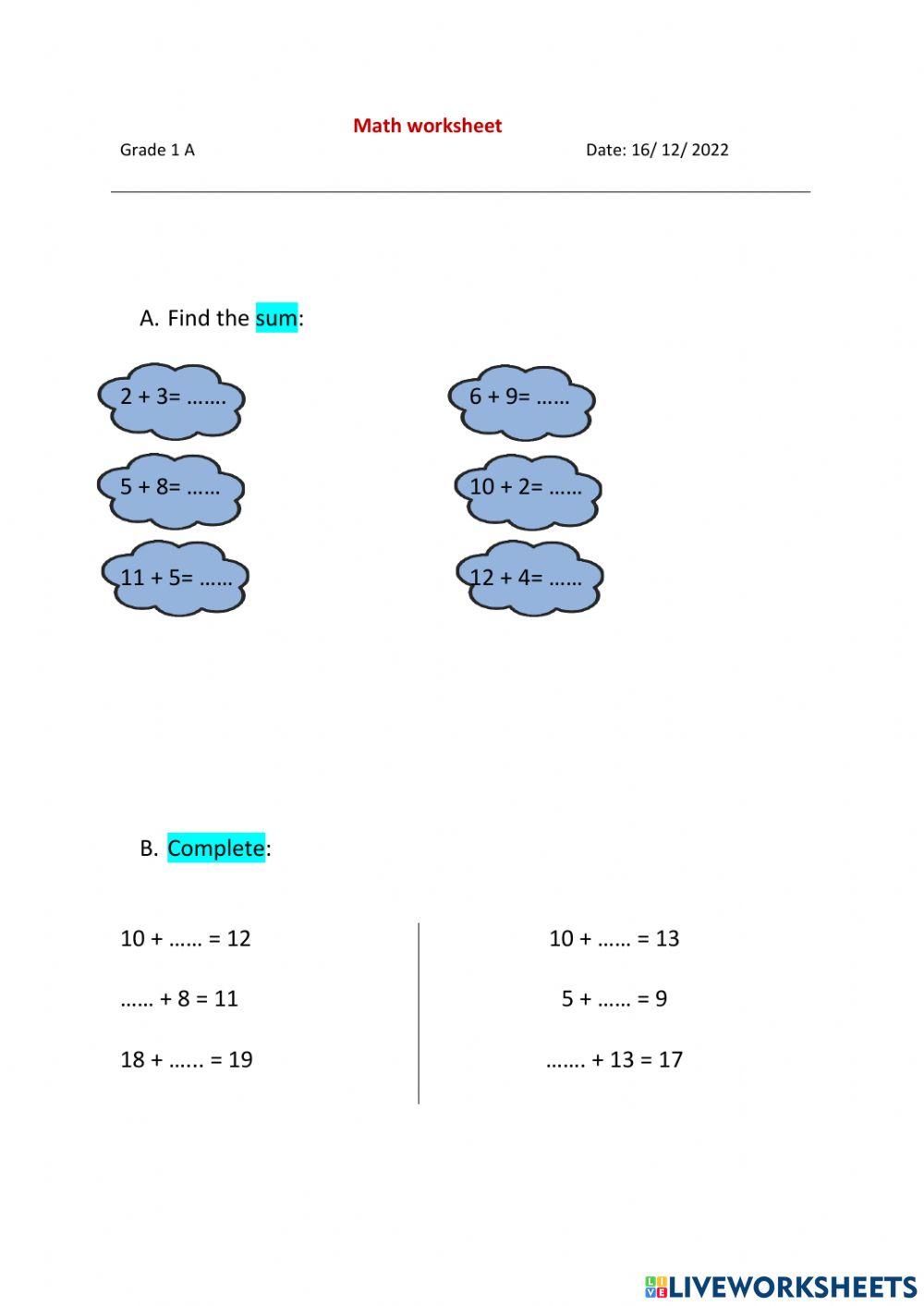 Addition 2247642 | Imankheir | Live Worksheets