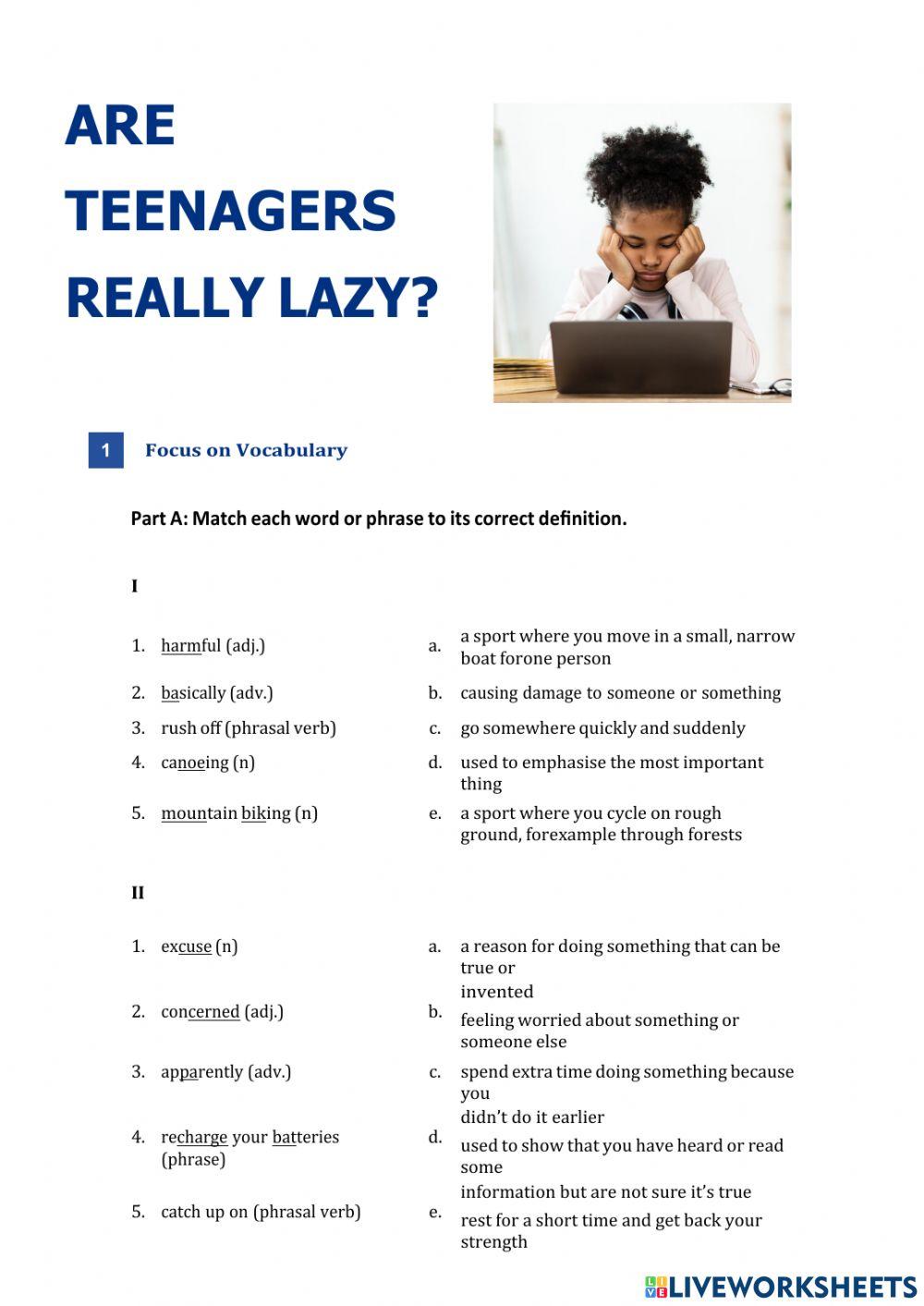 ARE TEENAGERS REALLY LAZY? READING AND LISTENING online exercise for ...