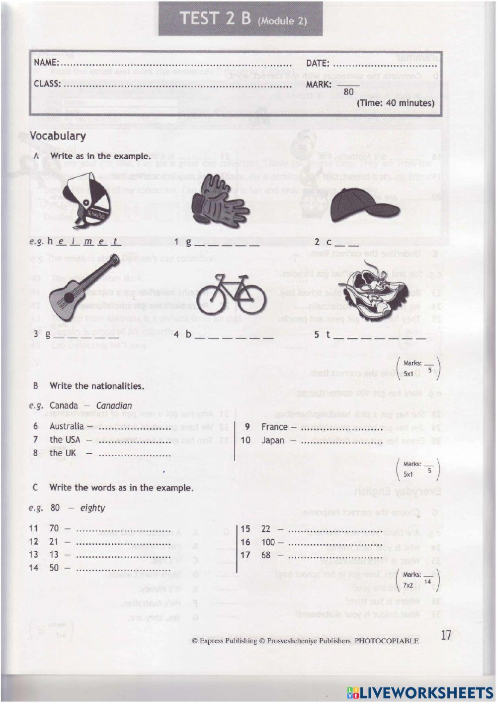 Spotlight 5 Test 2 online exercise for | Live Worksheets