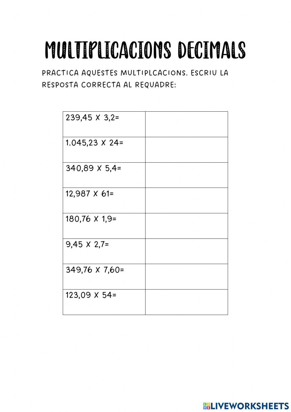 Multiplicacions decimals interactive worksheet | Live Worksheets Multiplicacions decimals interactive worksheet | Live Worksheets
