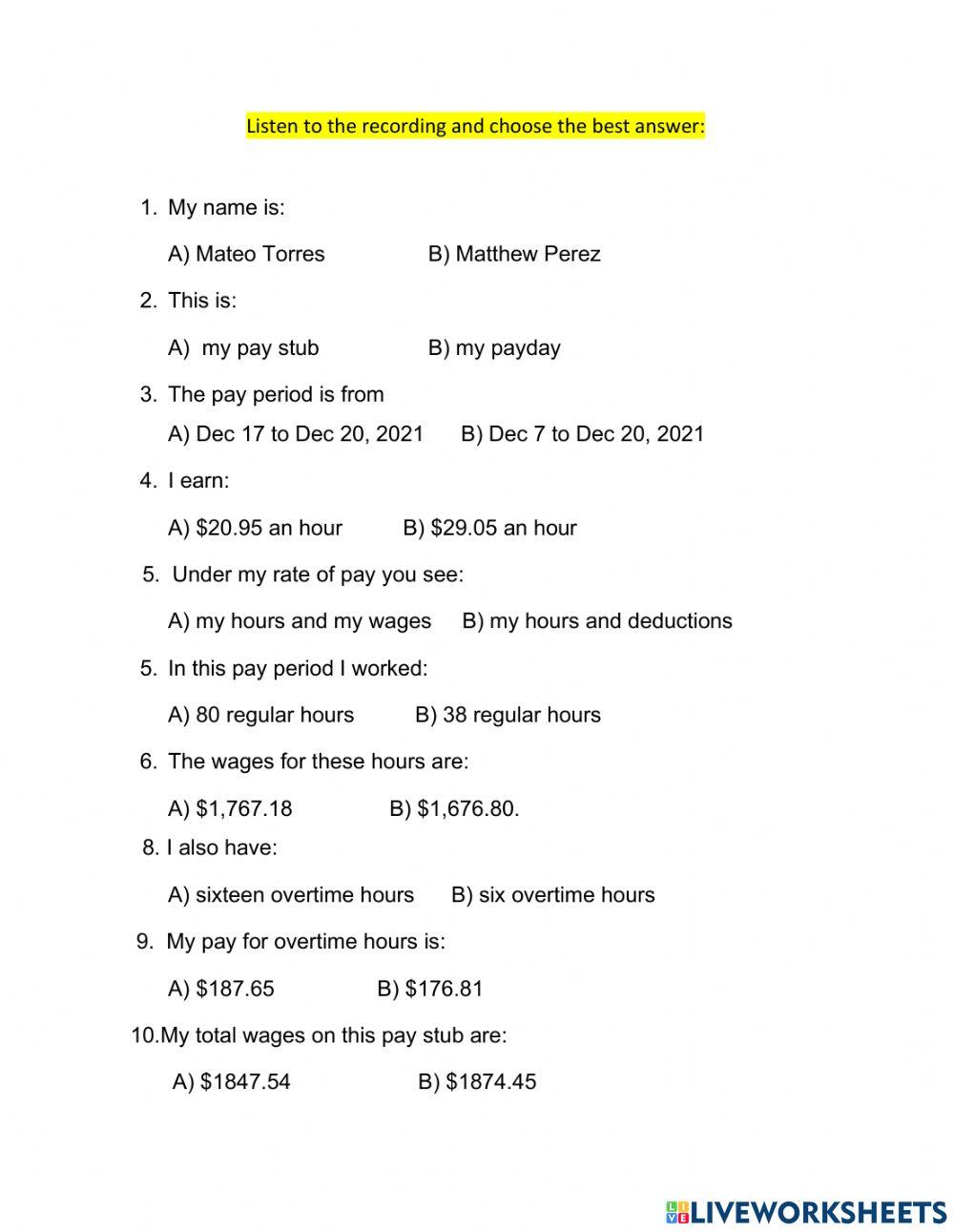 Pay Stub | Free Interactive Worksheets | 2232215