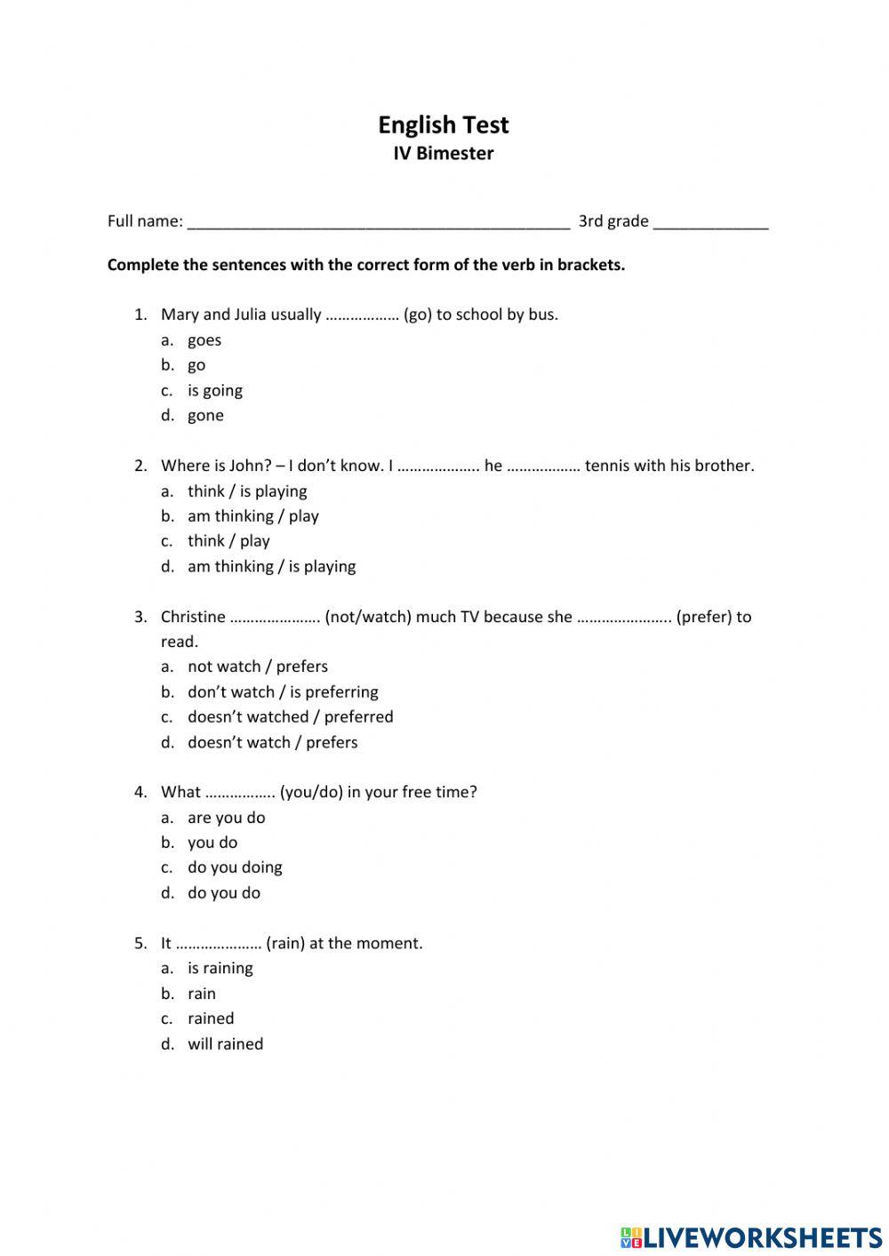 English Test - 3rd grade 2022 online exercise for | Live Worksheets