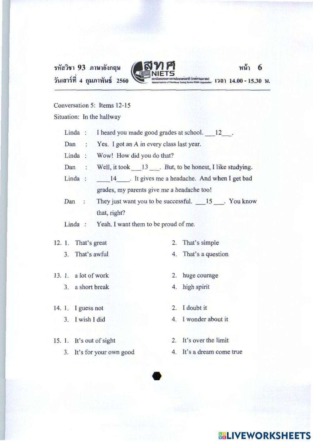 English ONET M.3 2559 Part 1 No.1-15 worksheet | Live Worksheets