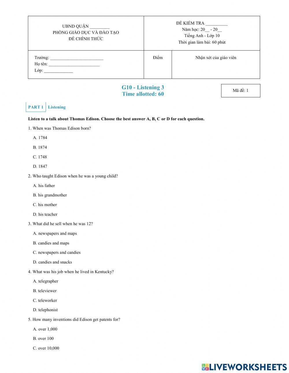 Listening(03)-De01 worksheet | Live Worksheets