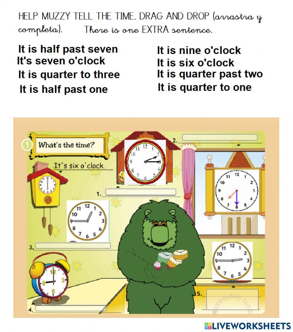 Muzzy telling the time worksheet | Live Worksheets
