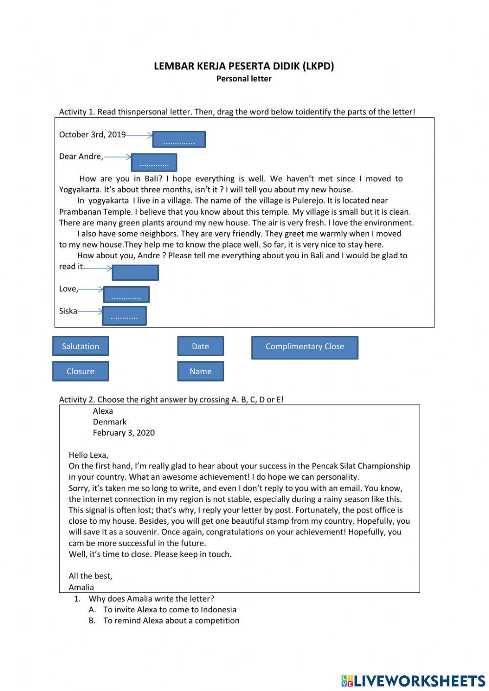 Personal Letter free worksheet | Live Worksheets