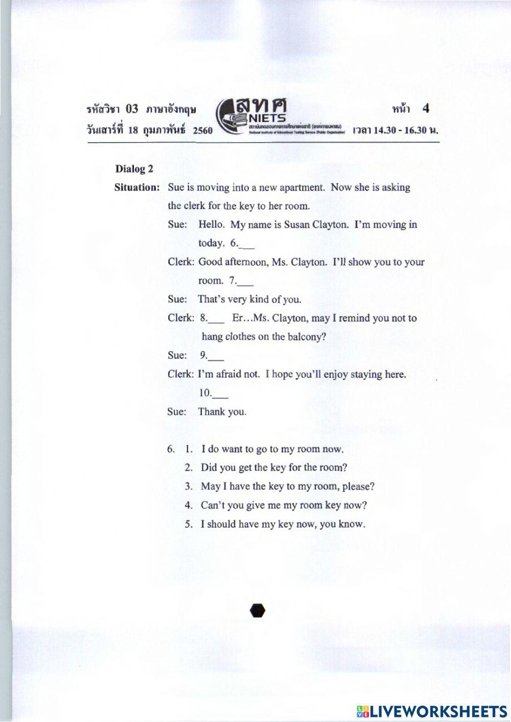 English ONET M.6 2559 Part 1 No.1-15 worksheet | Live Worksheets