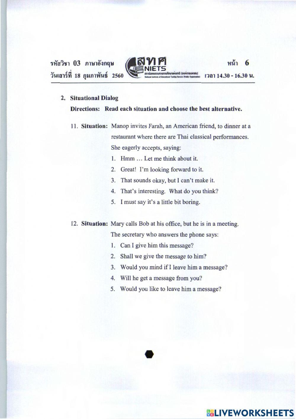 English ONET M.6 2559 Part 1 No.1-15 worksheet | Live Worksheets