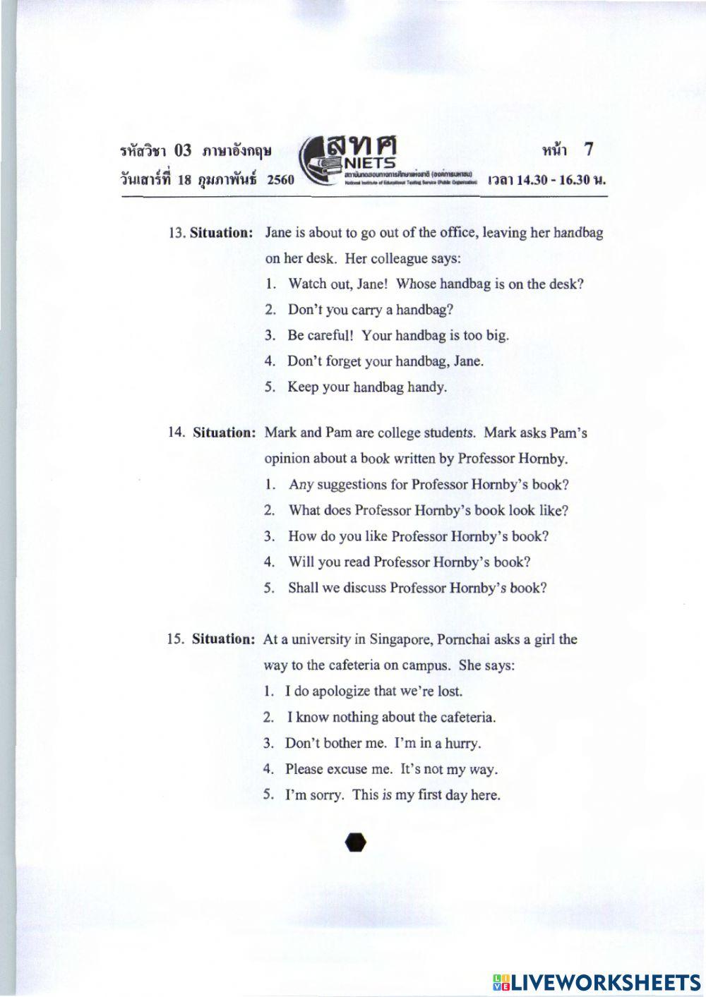 English ONET M.6 2559 Part 1 No.1-15 worksheet | Live Worksheets