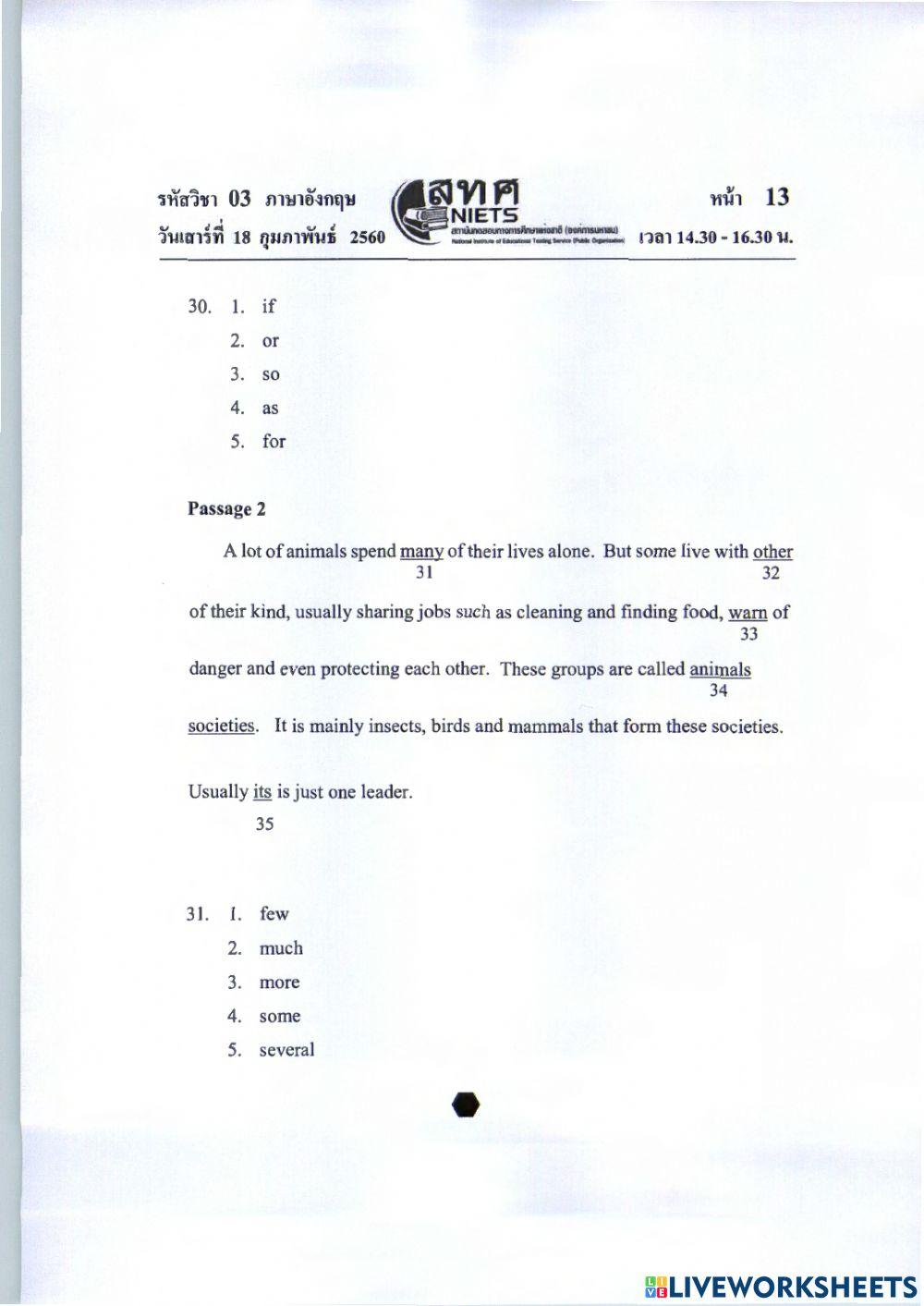 English ONET M.6 2559 Part 2 No.16-35 worksheet | Live Worksheets