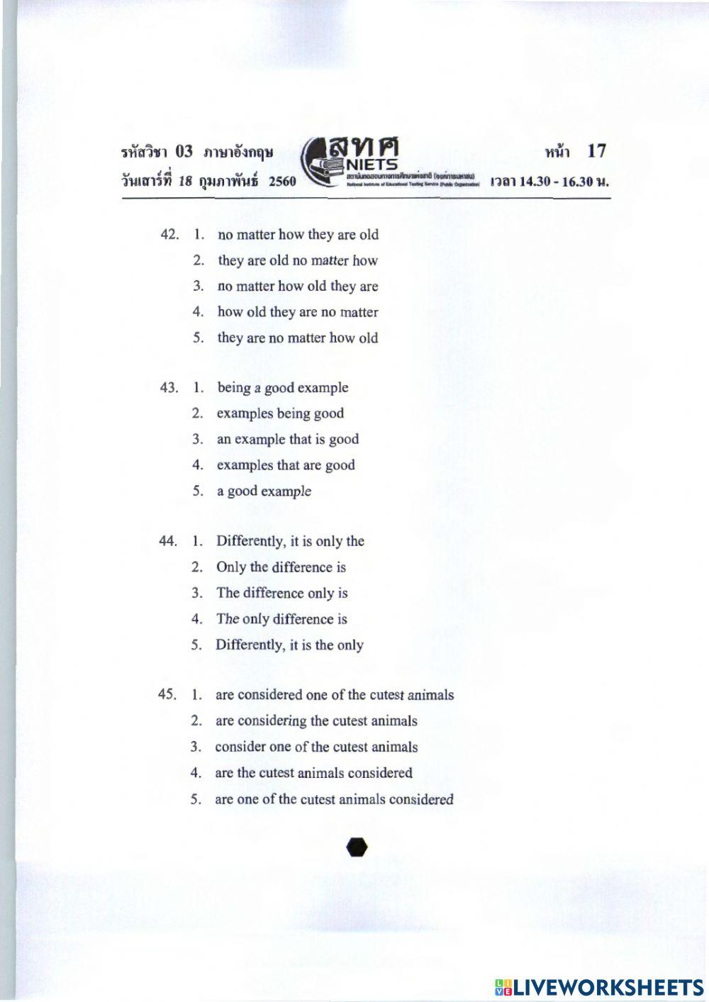 English ONET M.6 2559 Part 3 No.36-50 worksheet | Live Worksheets