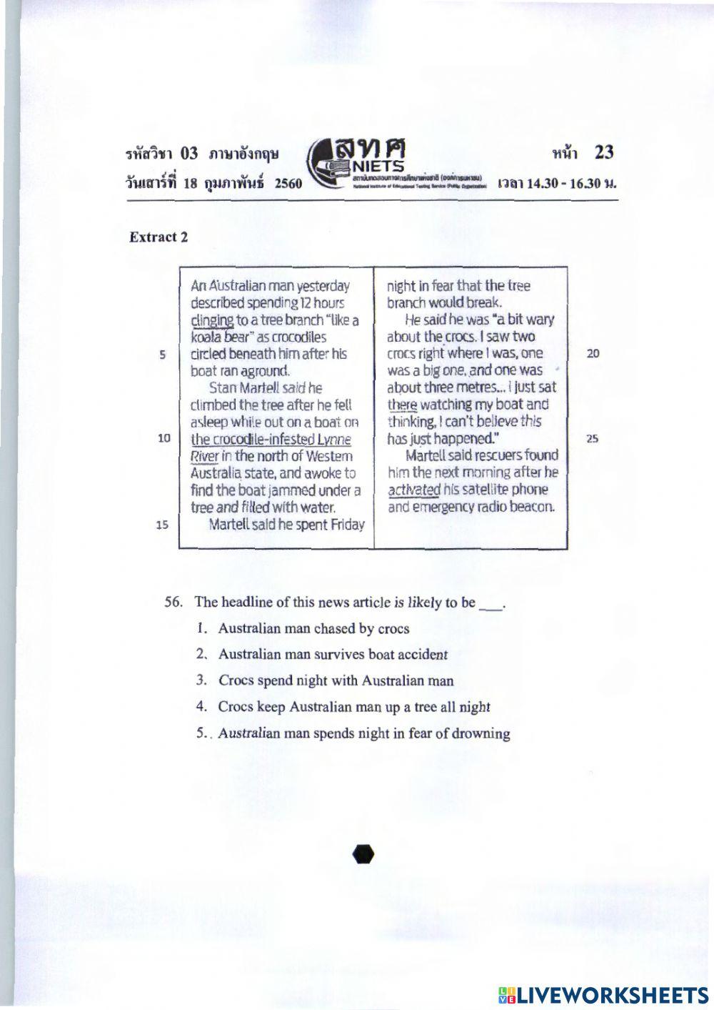 English ONET M.6 2559 Part 4 No.51-62 worksheet | Live Worksheets