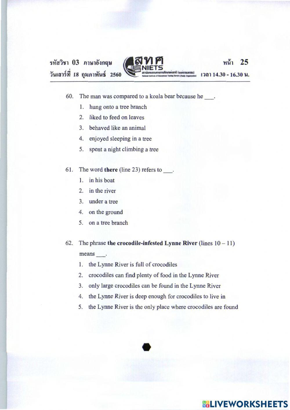 English ONET M.6 2559 Part 4 No.51-62 worksheet | Live Worksheets
