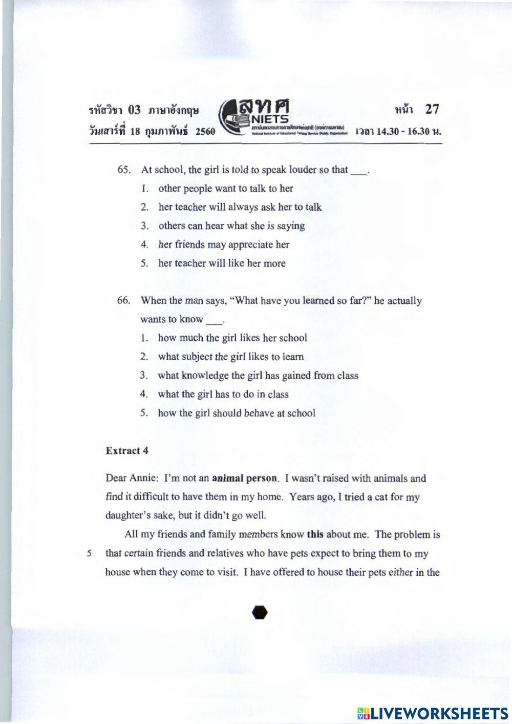 English ONET M.6 2559 Part 5 No.63-80 worksheet | Live Worksheets